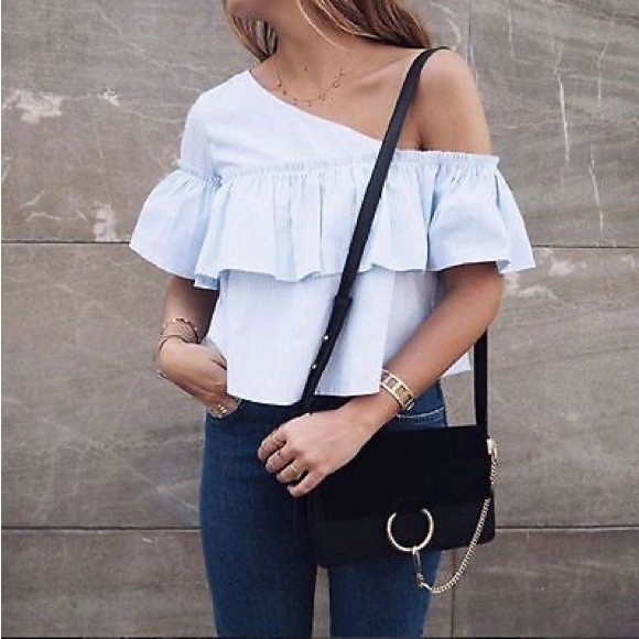 Zara | Tops | Zara Baby Blue Striped One Shoulder Ruffle Top Blouse ...